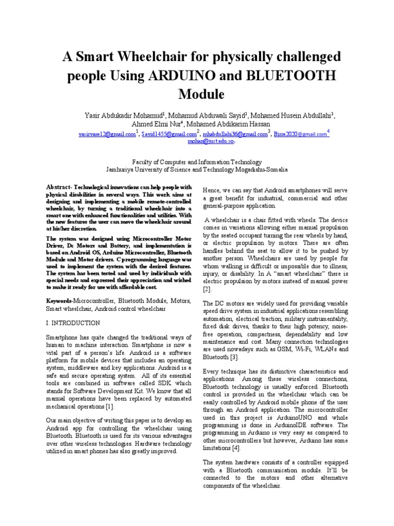 A Smart Wheelchair For Physically Challenged People Using ARDUINO and BLUETOOTH Module | PDF ...