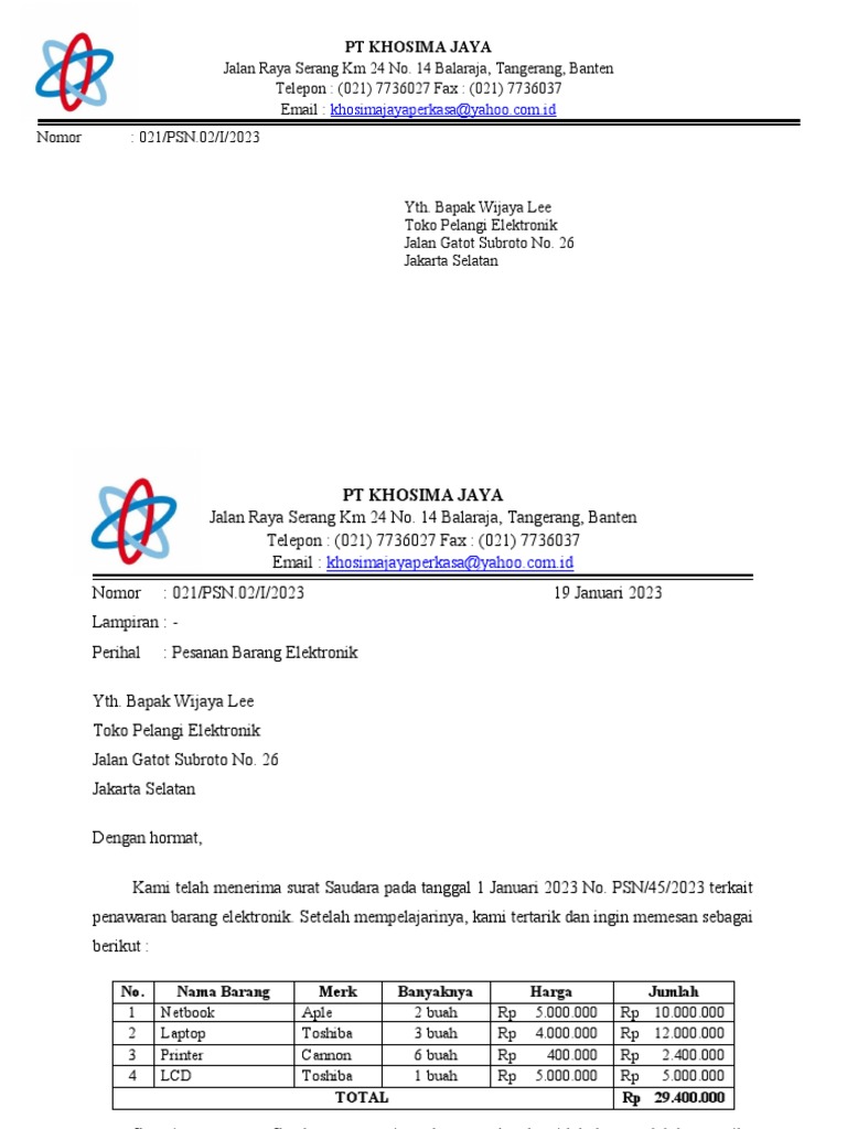 Contoh Surat Pesanan | PDF