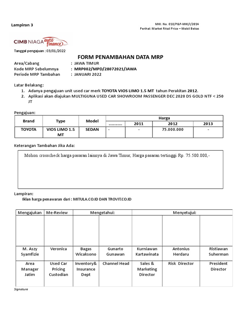Add MRP Vios Limo 1.5 MT PDF | PDF