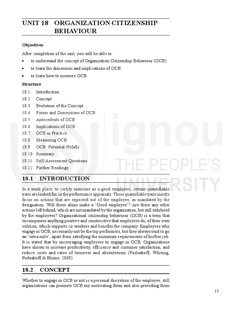 Unit 18 Organization Citizenship Behaviour: Objectives | PDF | Leadership | Behavioural Sciences