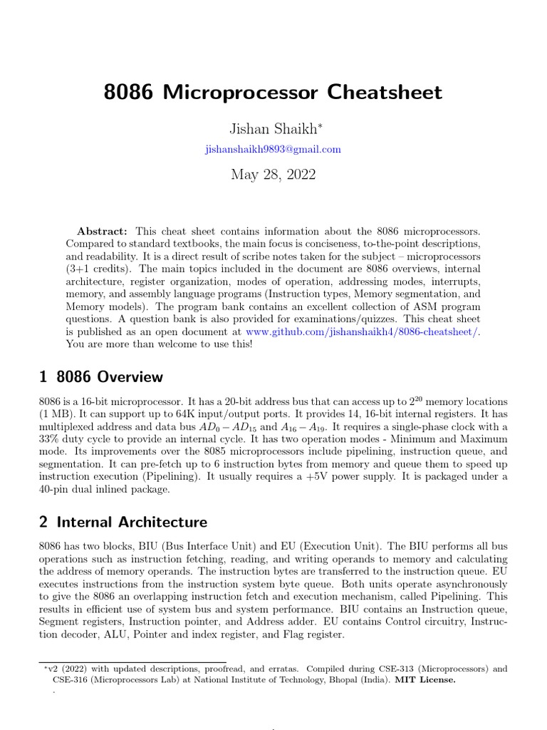 8086 Microprocessor Cheatsheet | PDF | Pointer (Computer Programming ...