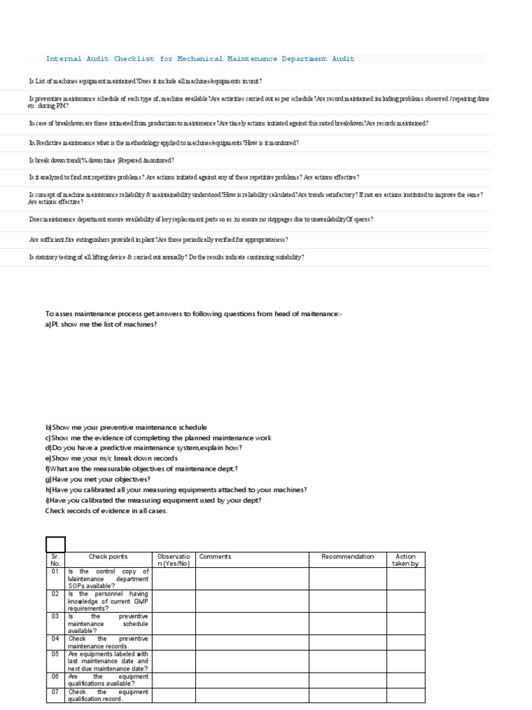 Internal Audit Checklist For Mechanical Maintenance Department Audit ...