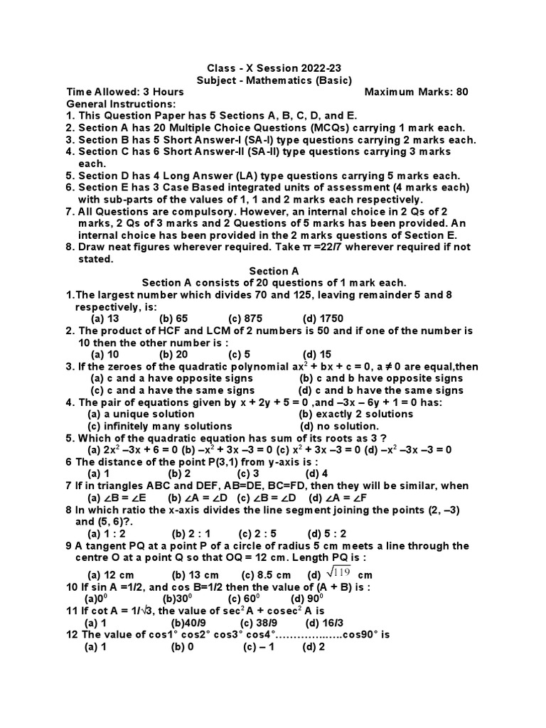 1 Pre Board Class 10 Basic 2022-23 | PDF | Circle | Trigonometric Functions
