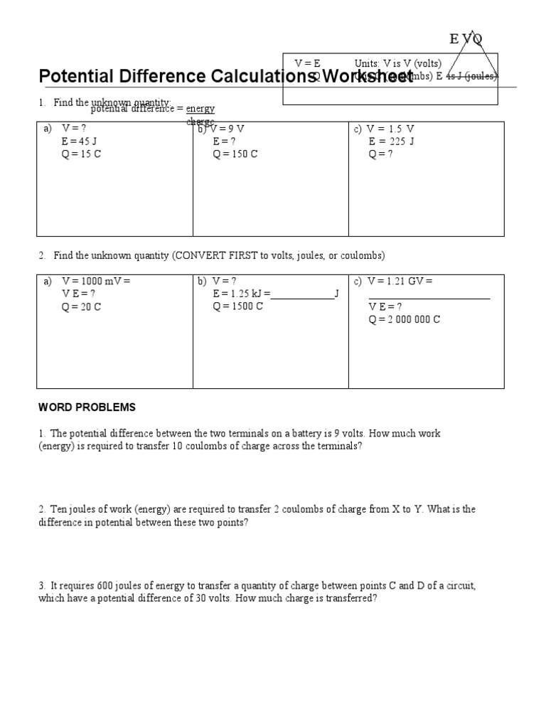 Potential Difference Calculations Worksheet | PDF