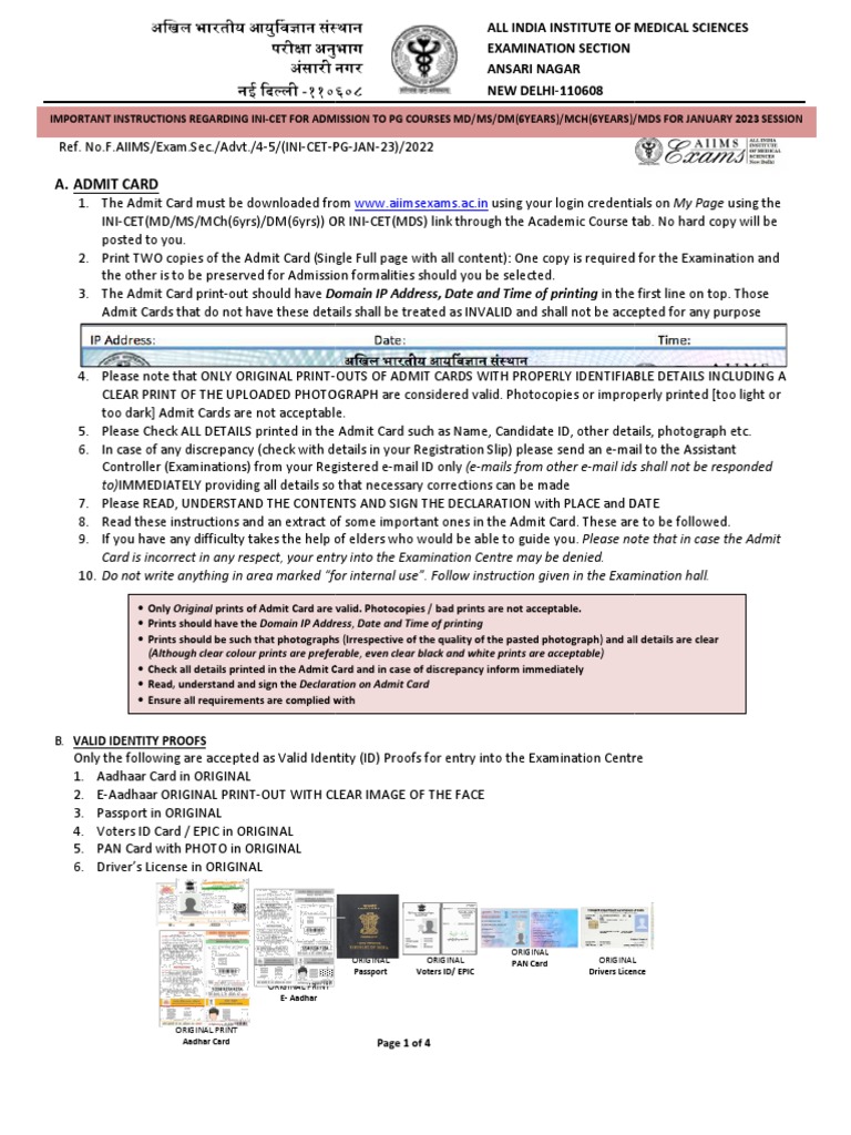 INI-CET PG Exam Admit Card Guide | PDF | Doctor Of Medicine | Identity ...