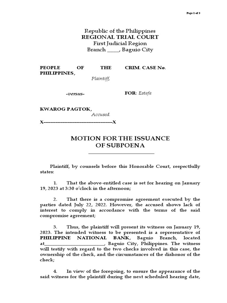 Motion To Issue Subpoena | PDF | Subpoena | Witness