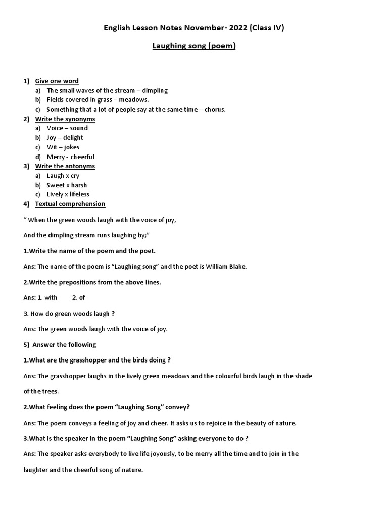Class 4 English: Laughing Song Notes | PDF