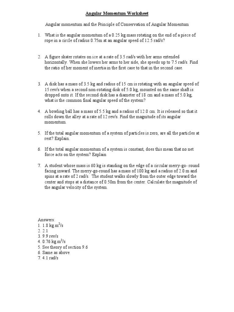 Angular Momentum Worksheet Solved | PDF