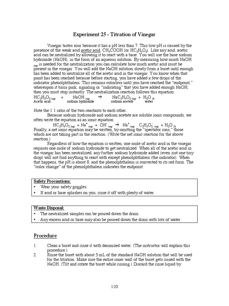 25 Titration Of Vinegar Pdf Acid Titration