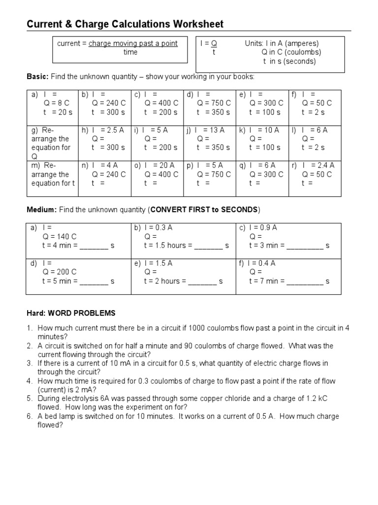 Current and Charge Worksheet | PDF | Power (Physics) | Manufactured Goods