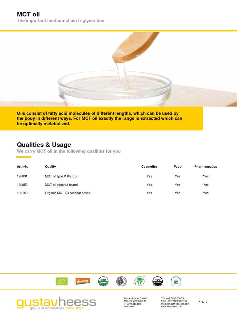 MCT Oil Product Data Sheet Gustav Heess | PDF | Fat | Coconut Oil