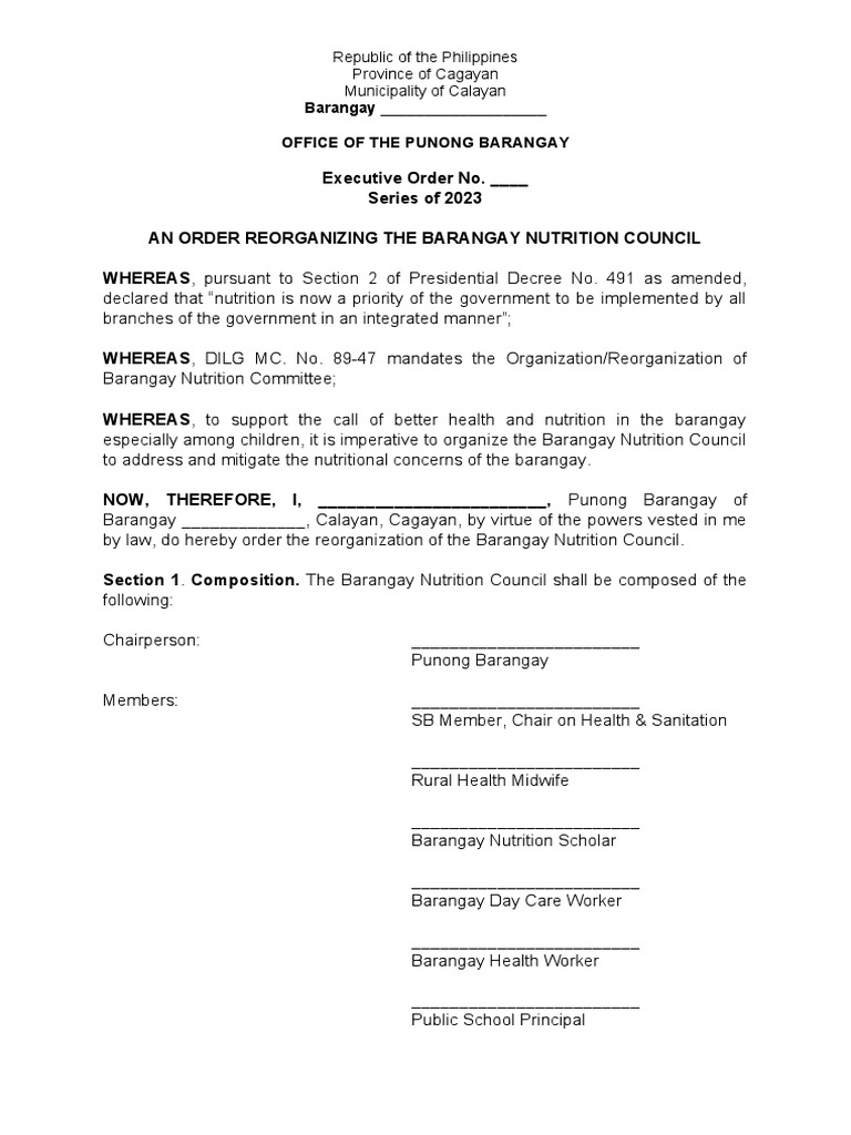 EO - Barangay Nutrition Council | PDF | Government