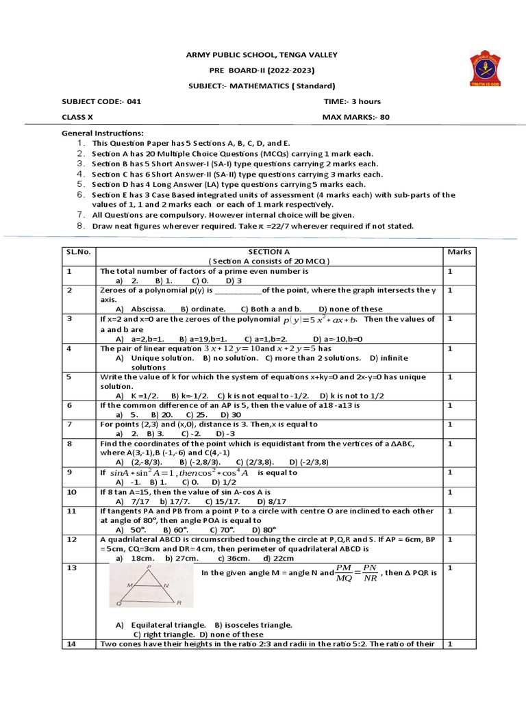Aps Class 10 Standard Pre Board 2 | PDF | Circle | Geometry