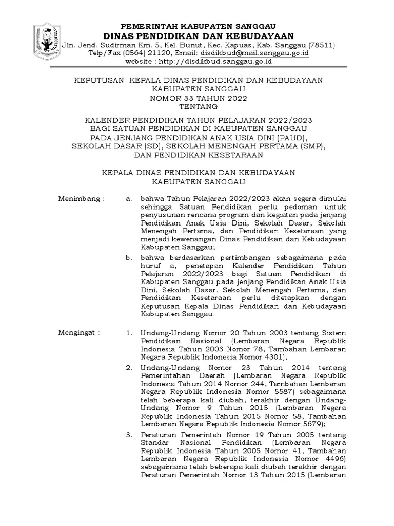 Kaldik TP - 2022 - 2023 Kab Sanggau Fix | PDF