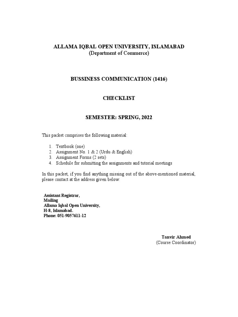 AIOU Business Communication Course Packet for Spring 2022 Semester Outlining Assignments ...