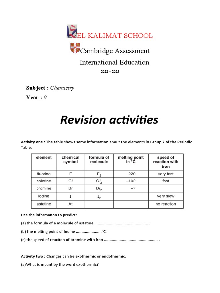 Chemistry Revision Activities for Year 9 | PDF | Chemical Reactions | Oxide