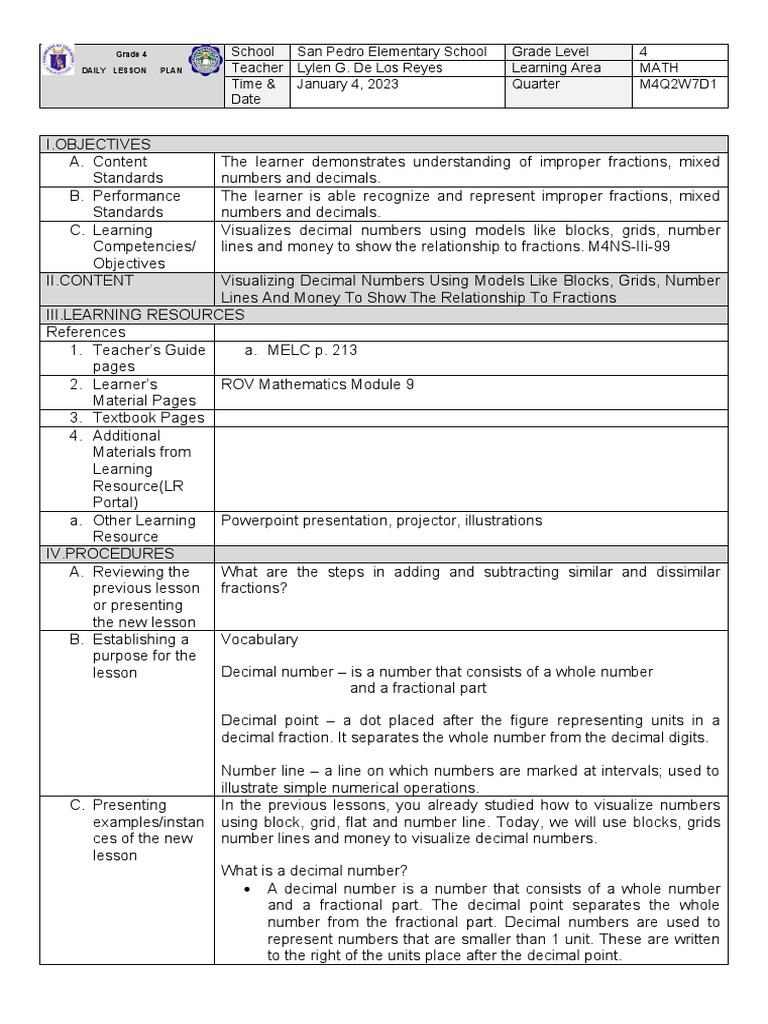 Math 4 Q2W7D1 | PDF | Numbers | Learning