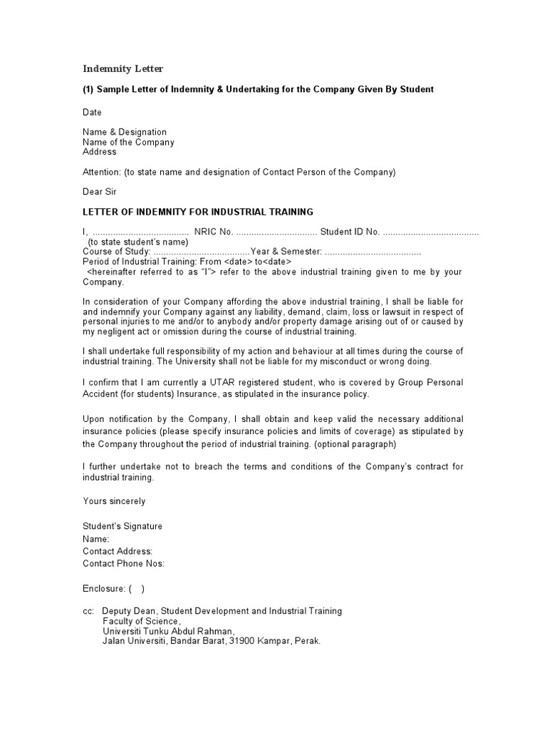 Appendix 1 IT Indemnity Letter UTAR-FSc (Student) | PDF