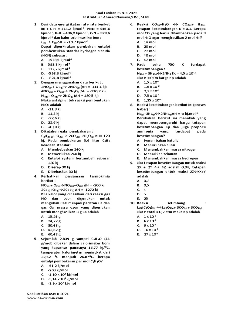 Soal Latihan KSN-K 2022 Thermodinamika Dan Kesetimbangan Kimia | PDF