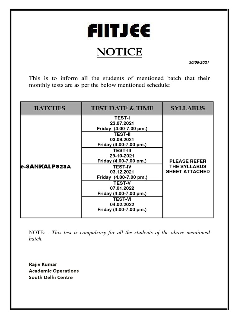 Sankalp Monthly Test Notice Class 11 | PDF | Chemistry | Trigonometric ...