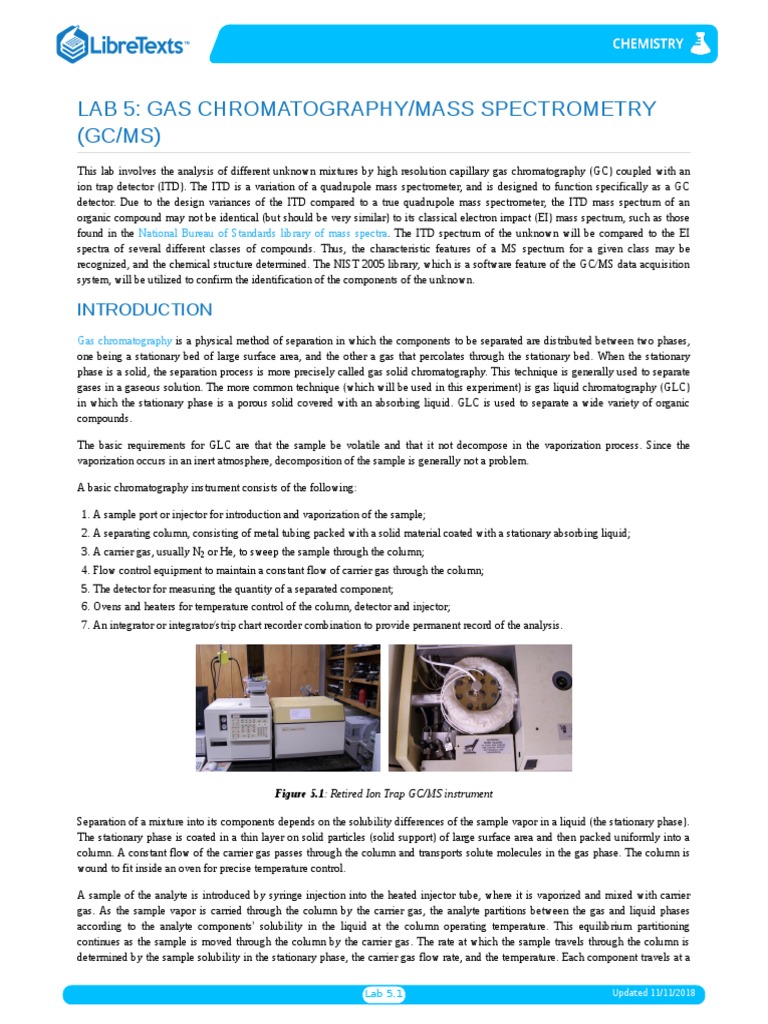 Lab 5 Gas Chromatography Mass Spectrometry (GSMS) | PDF | Gas ...