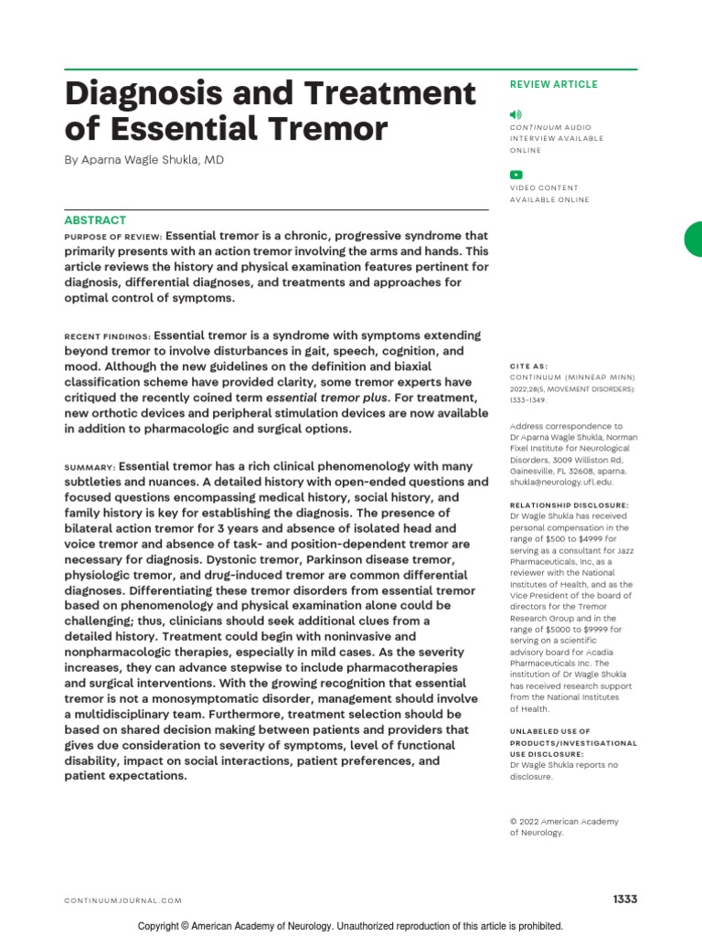 Diagnosis and Treatment of Essential Tremor | PDF | Dystonia ...