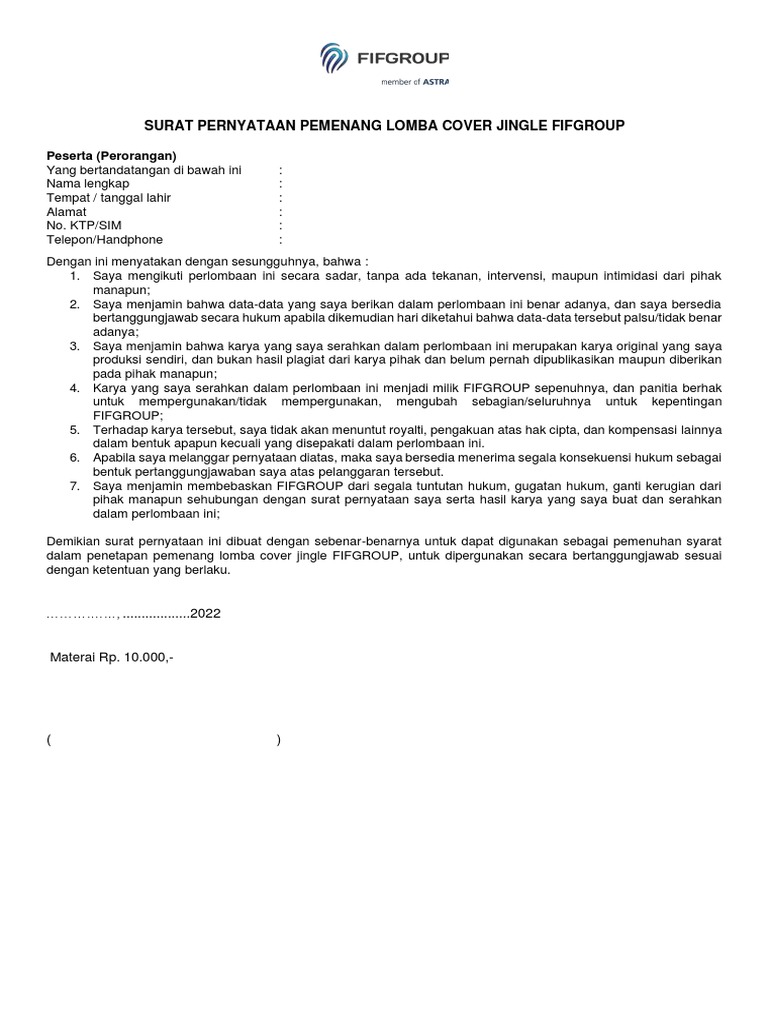 Surat Pernyataan Fifgroup - Lomba Cover Jingle | PDF