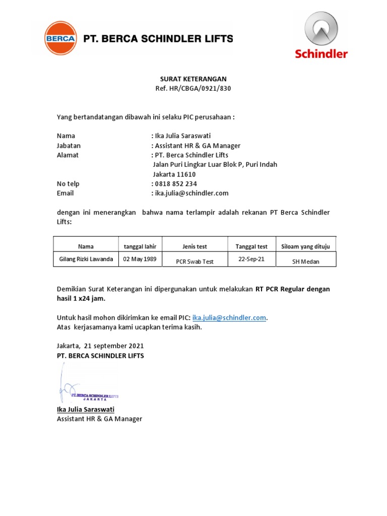 Surat Keterangan PCR PT Berca | PDF