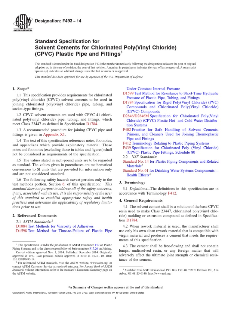 Solvent Cements For Chlorinated Poly (Vinyl Chloride) (CPVC) Plastic ...
