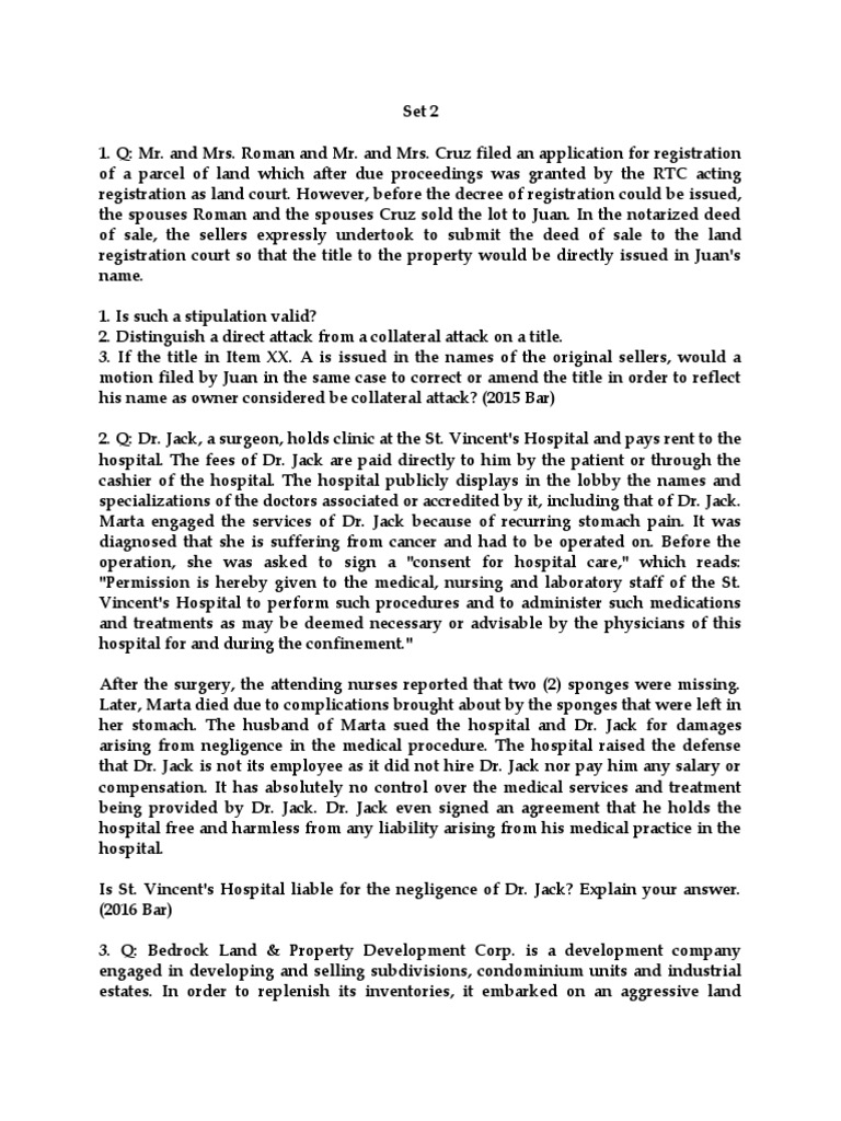 Civil Law Questions Set 2 | PDF | Hospital | Legal Liability