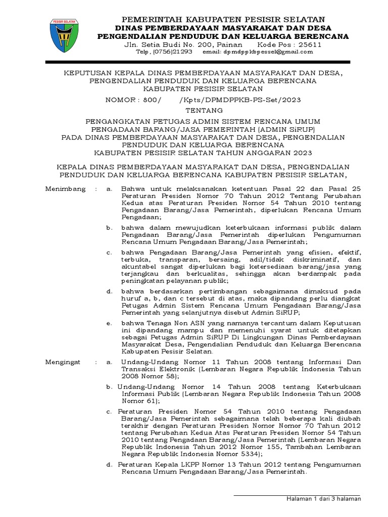 Format SK Admin Sirup | PDF | Pengelolaan Keuangan & Uang