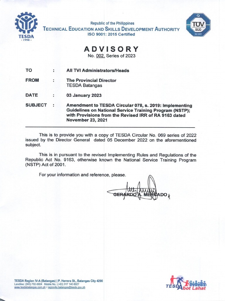 Advisory No. 002 S.2023 Amendment To TESDA Circular 078 S. 2019 ...
