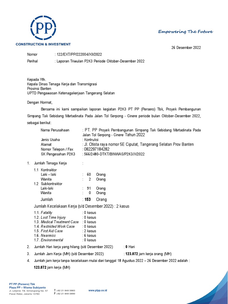 Laporan P2k3 Triwulan 4 2022 Oktober Desember Pdf