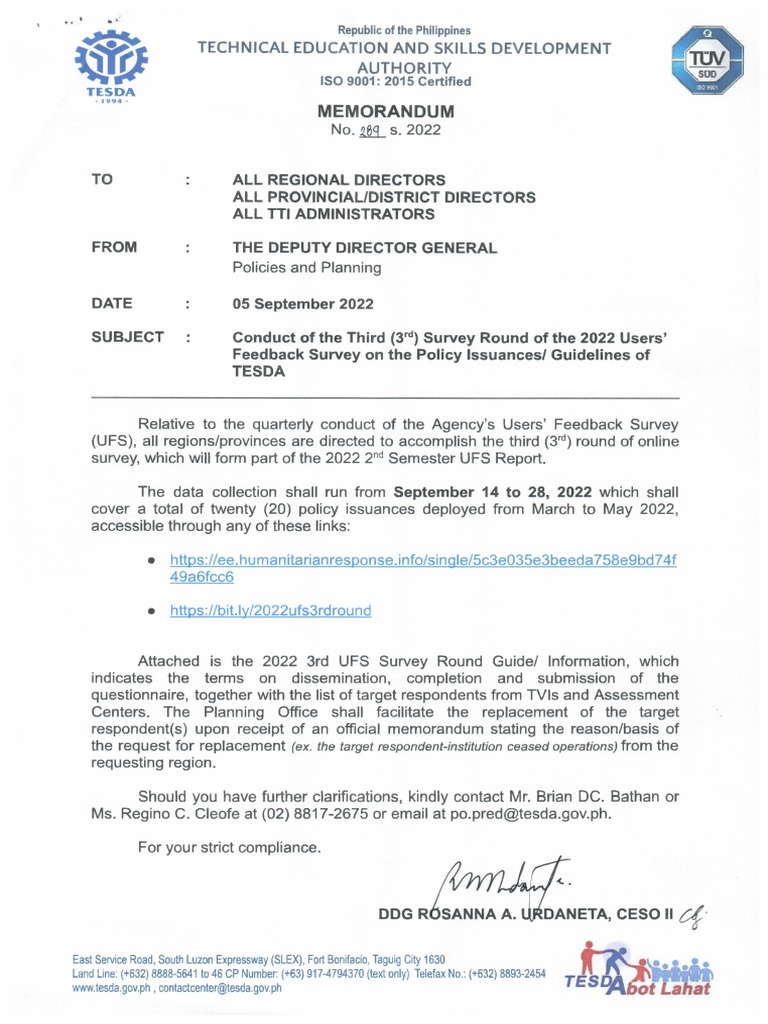 Memo No. 289 S 2022 Re Conduct of The Third Survey Round of The UFS On ...