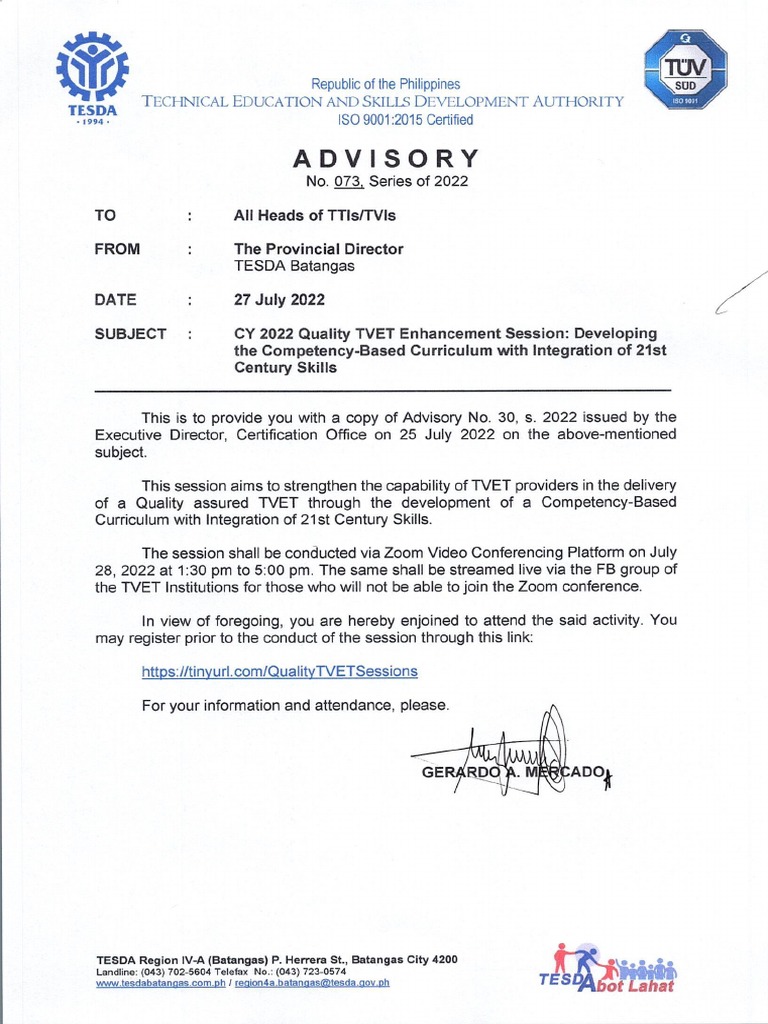 Advisory No. 73 S. 2022 CY 2022 Quality TVET Enhancement Session 0001 | PDF