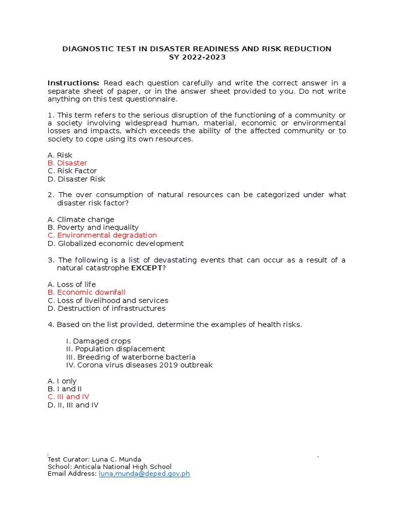 DRRR Diagnostics Answer Key Final.12 | PDF | Volcano | Emergency Management