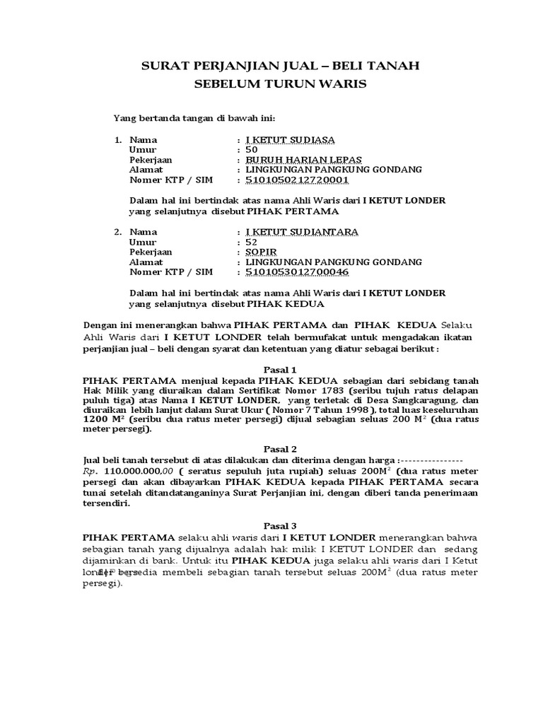 Contoh Surat Perjanjian Jual Beli Tanah Waris | PDF