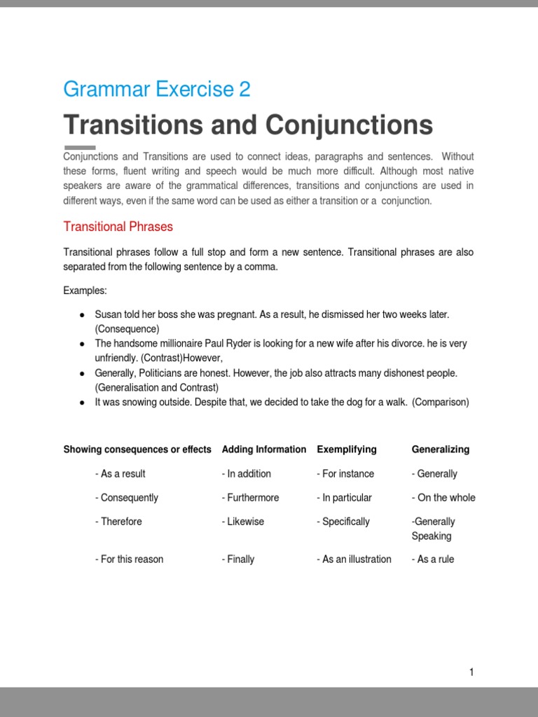 Transitions and Conjunctions: Grammar Exercise 2 | PDF | Linguistics ...