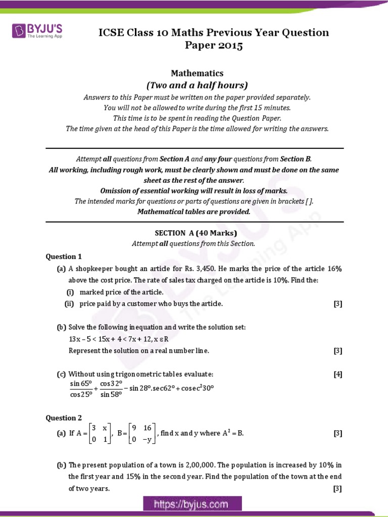 ICSE Class 10 Maths Previous Year Question Paper 2015 | PDF ...