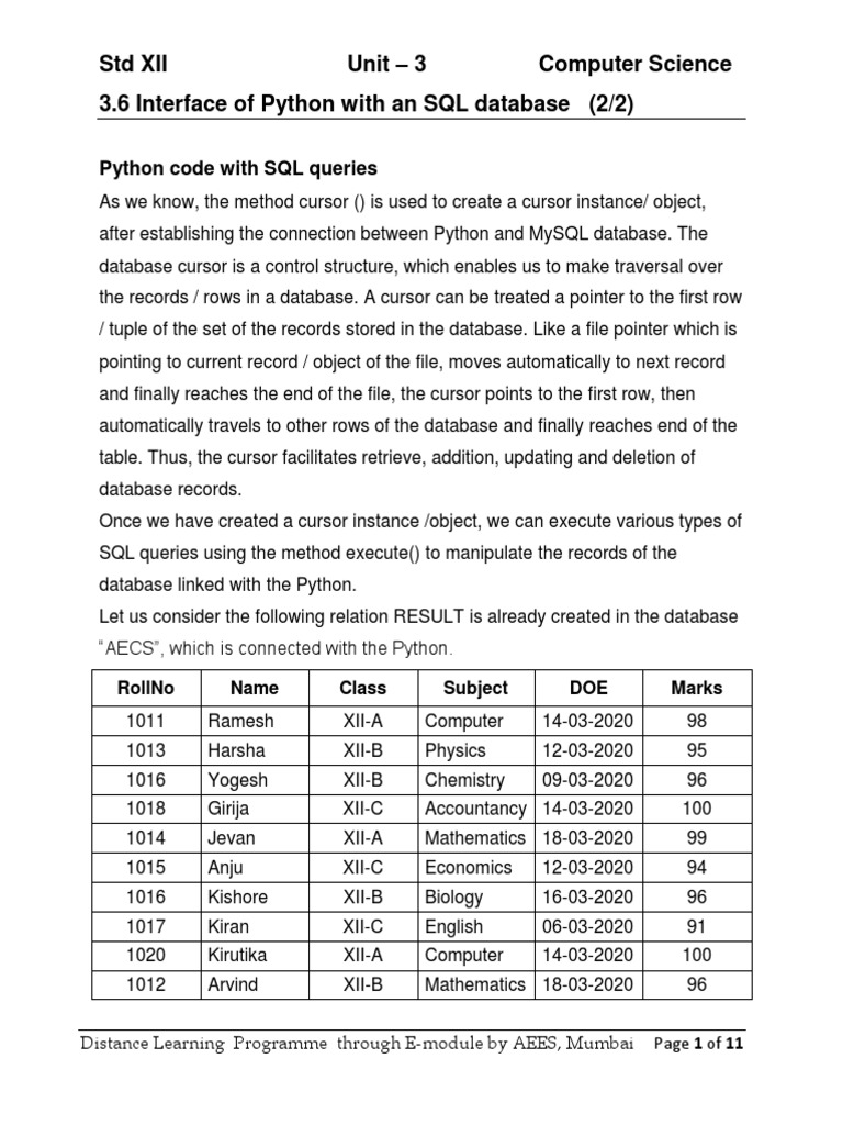 20200907-XII-Python With MySQL-1 of 2-Handout | PDF | Databases | My Sql 20200907-XII-Python With MySQL-1 of 2-Handout | PDF | Databases | My Sql
