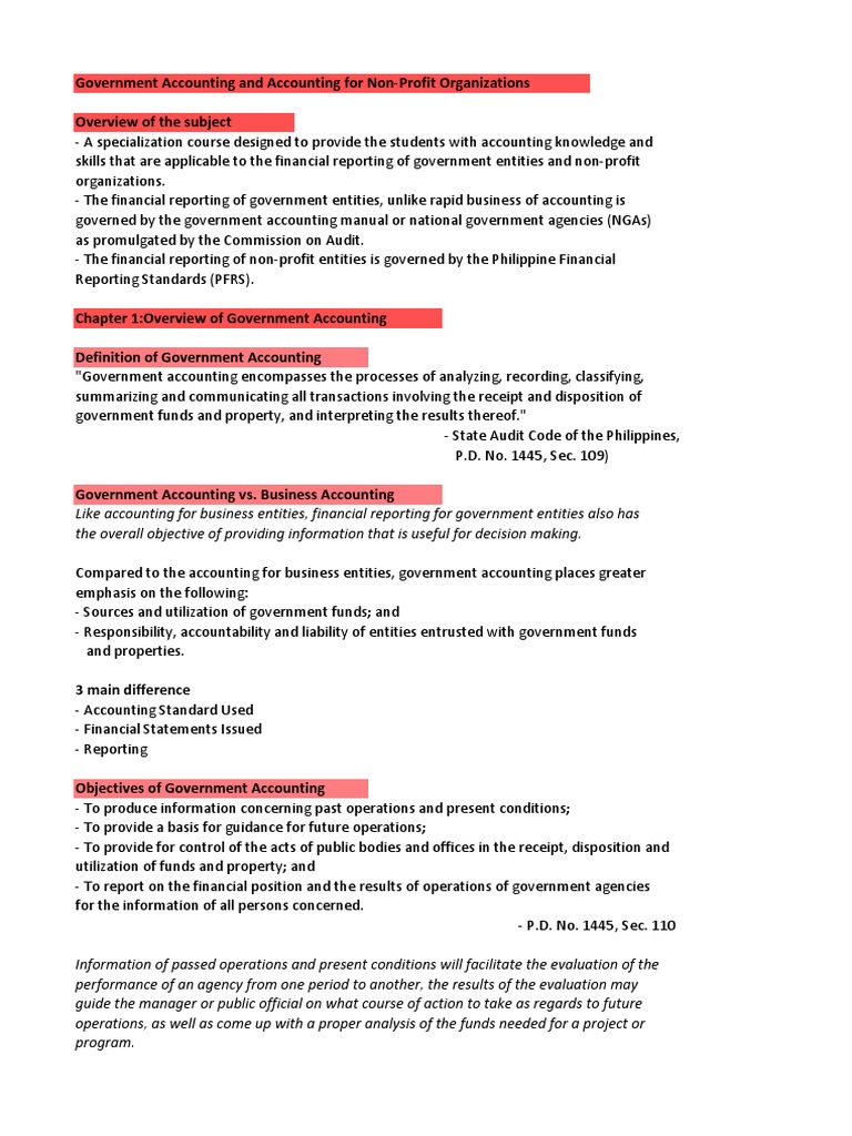 Chapter 1 - Overview of Government Accounting (Notes) | PDF ...