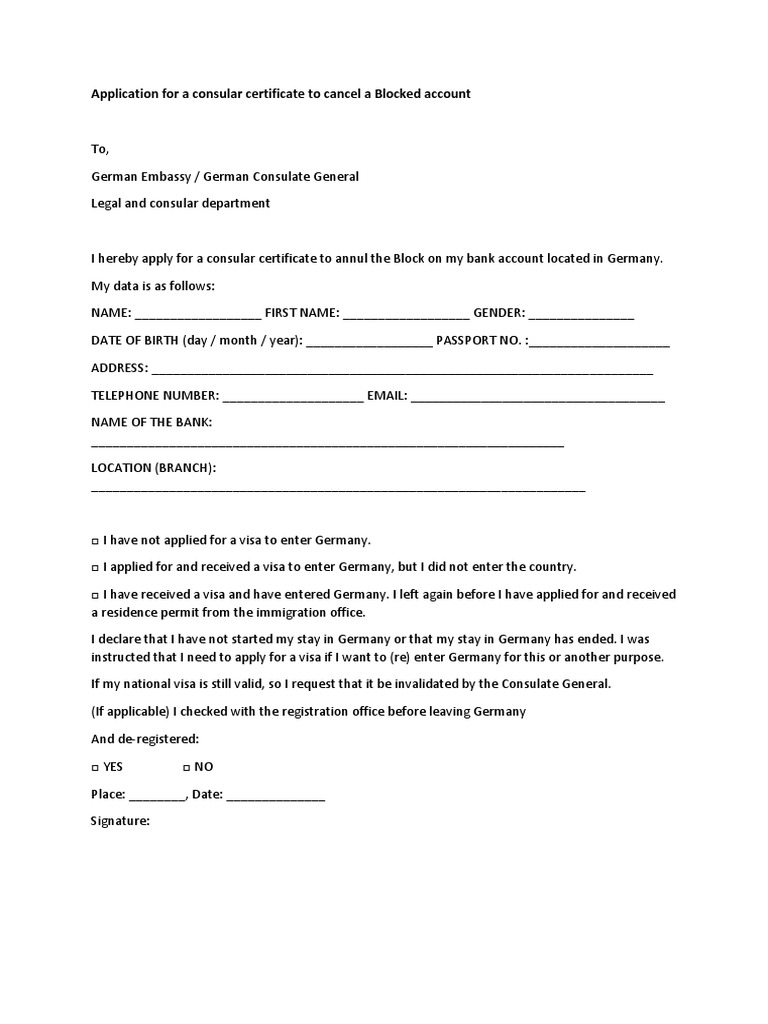 Consular Certificate Application for Blocked Account | PDF