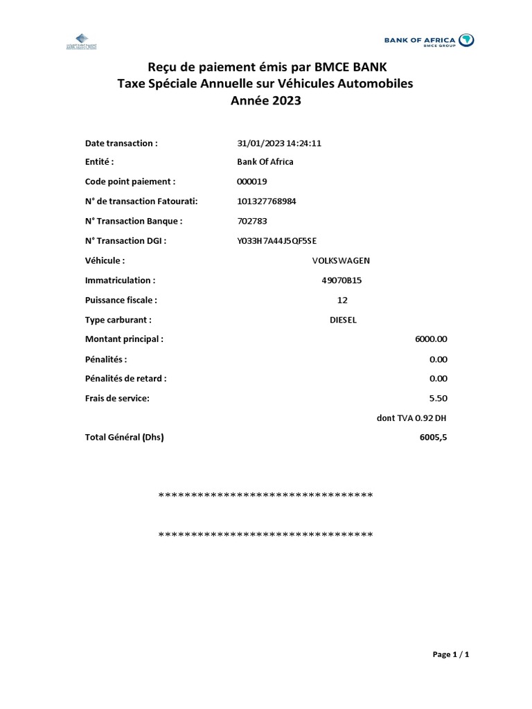 Reçu de Paiement Émis Par BMCE BANK Taxe Spéciale Annuelle Sur ...