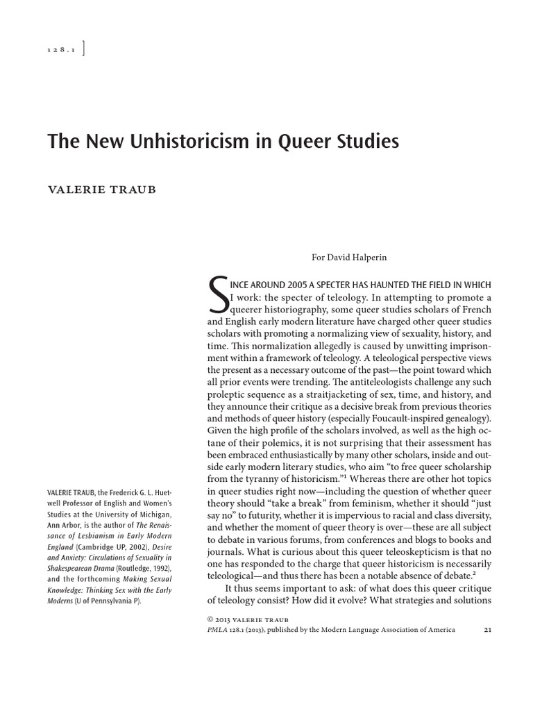 TRAUB Valerie The New Unhistoricism in Queer Studies | PDF | LGBTQIA+ Studies | Queer Theory