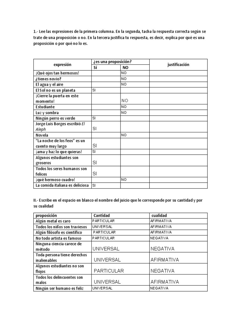 Análisis de proposiciones: identificando su cantidad, cualidad y tipo | PDF | Proposición
