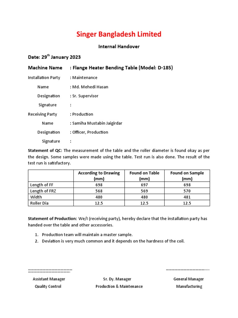 Machine Handover Form | PDF