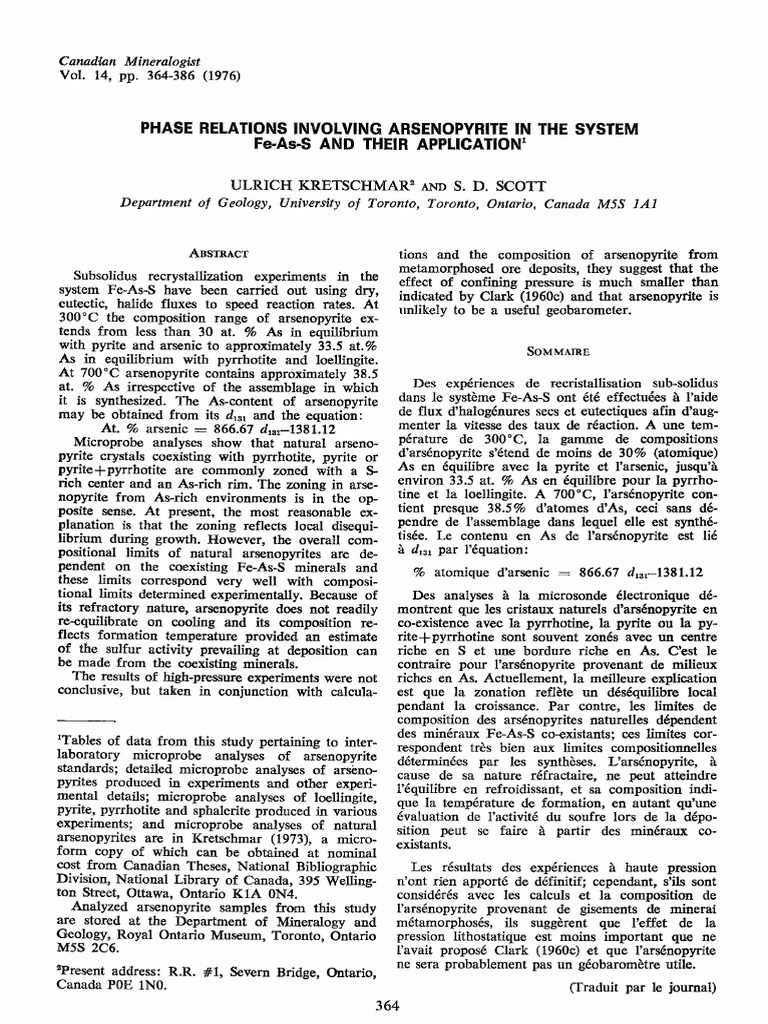 Kretschmar and Scott (1976) Phase Relationis Involving Arsenopyrite in The System Fe-As-s | PDF ...