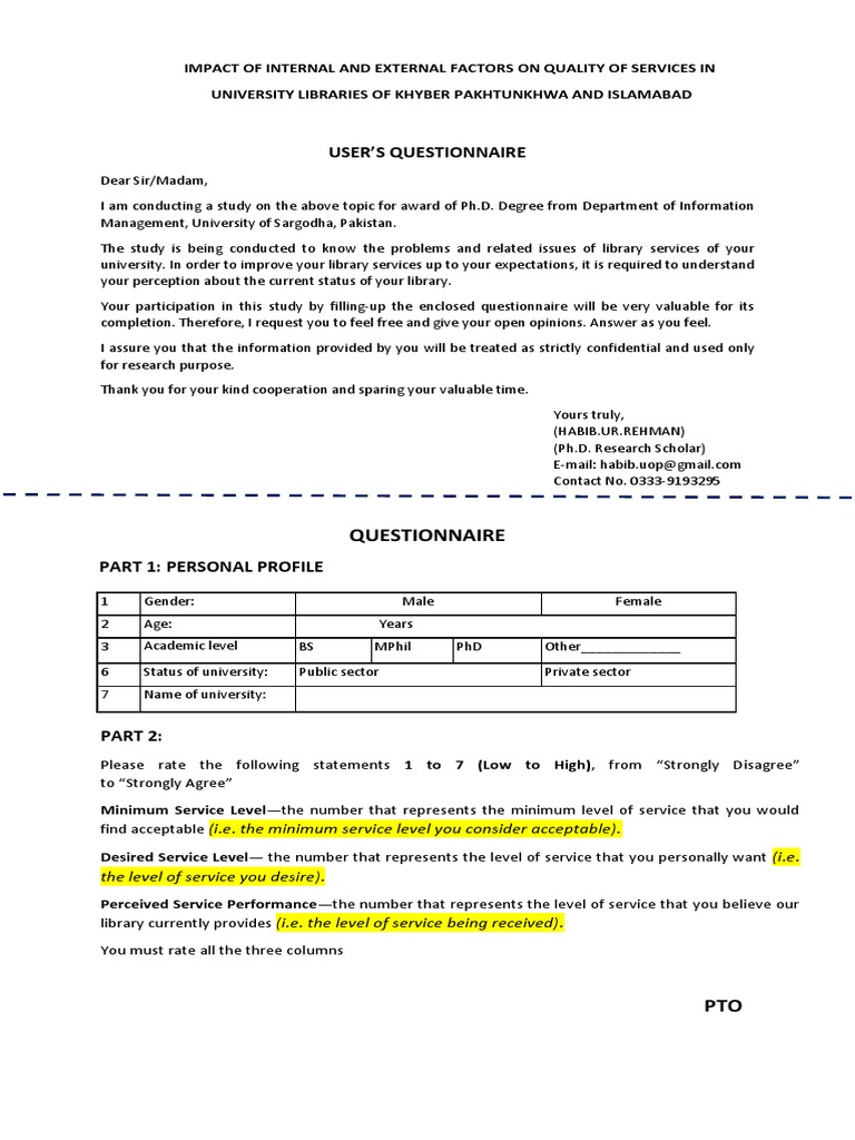 Questionnaire For Library Users | PDF | Libraries | Doctor Of Philosophy