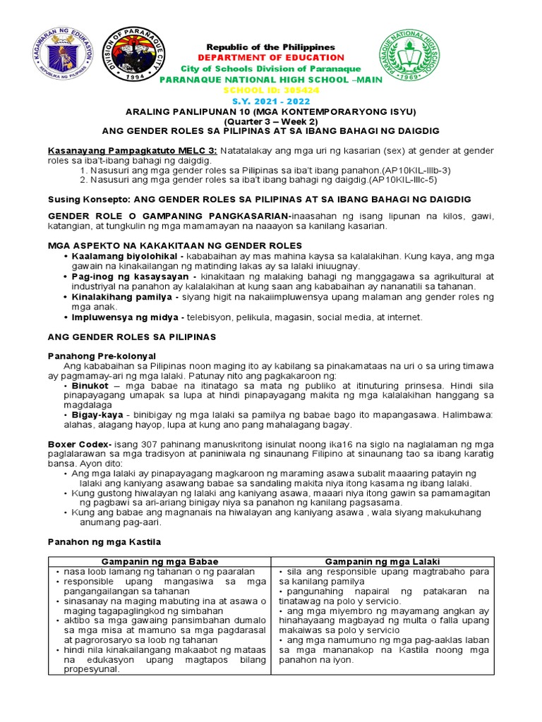 Quarter 3 Week 2-ANG GENDER ROLES SA PILIPINAS AT SA IBANG BAHAGI NG ...