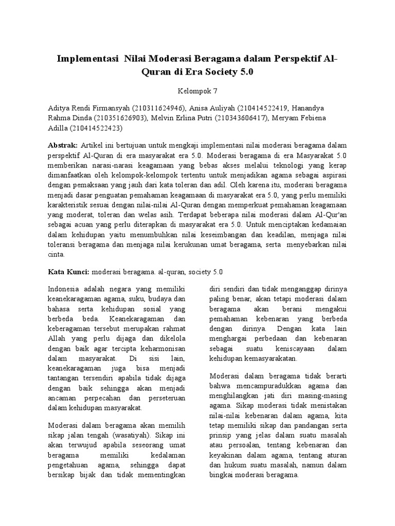 Implementasi Nilai Moderasi Beragama Dalam Perspektif Al Quran Di Era